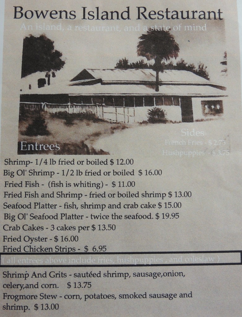Bowens Island Restaurant Menu – as of August 2012… – ARTFOODHOME.COM